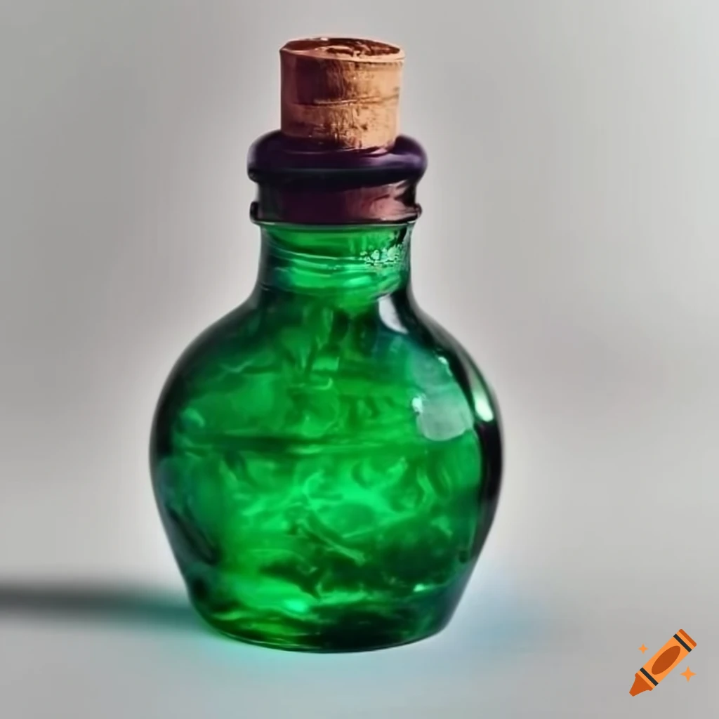 Emerald green bulgeye potion in unique glass bottle on Craiyon