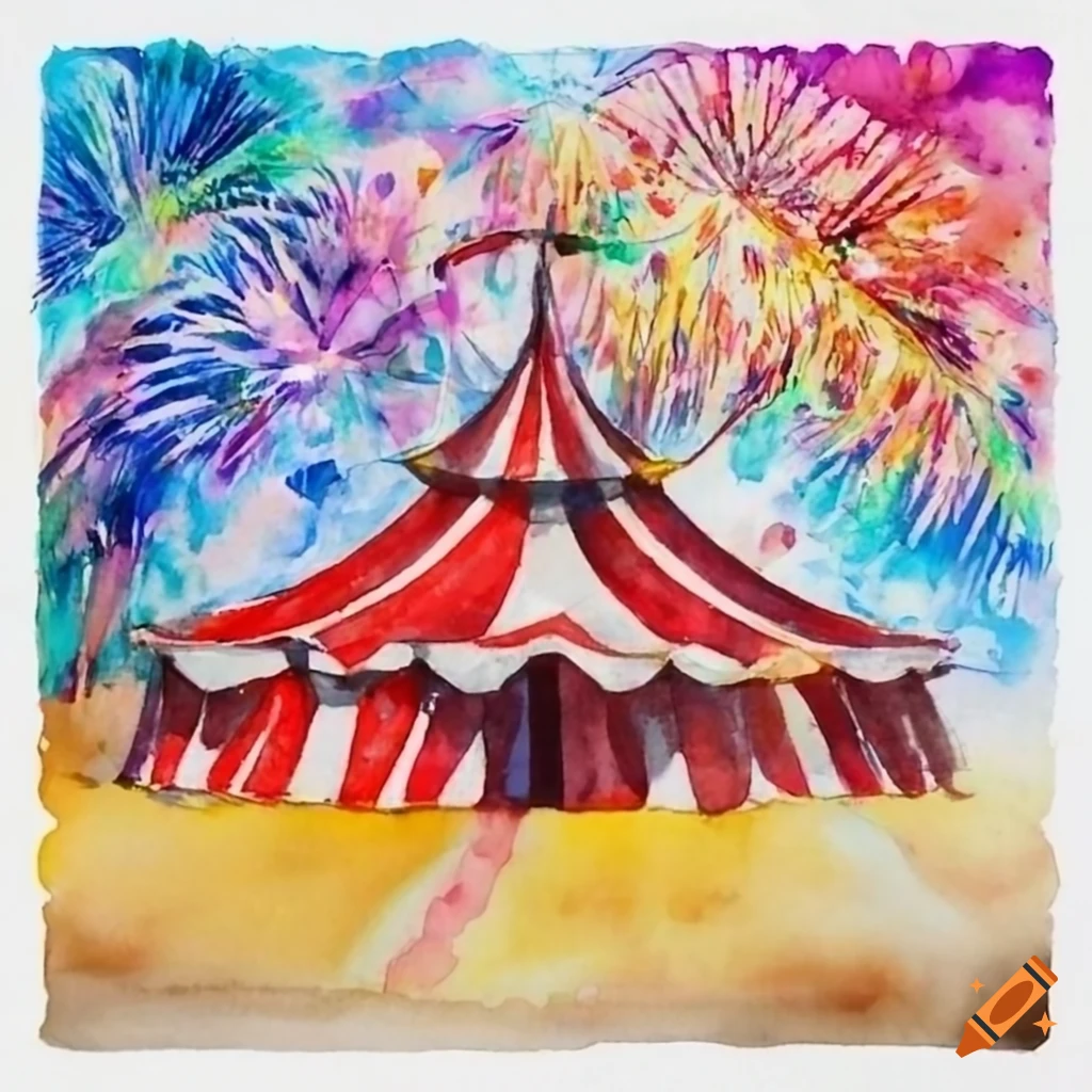 Watercolor painting of a circus tent with fireworks on Craiyon