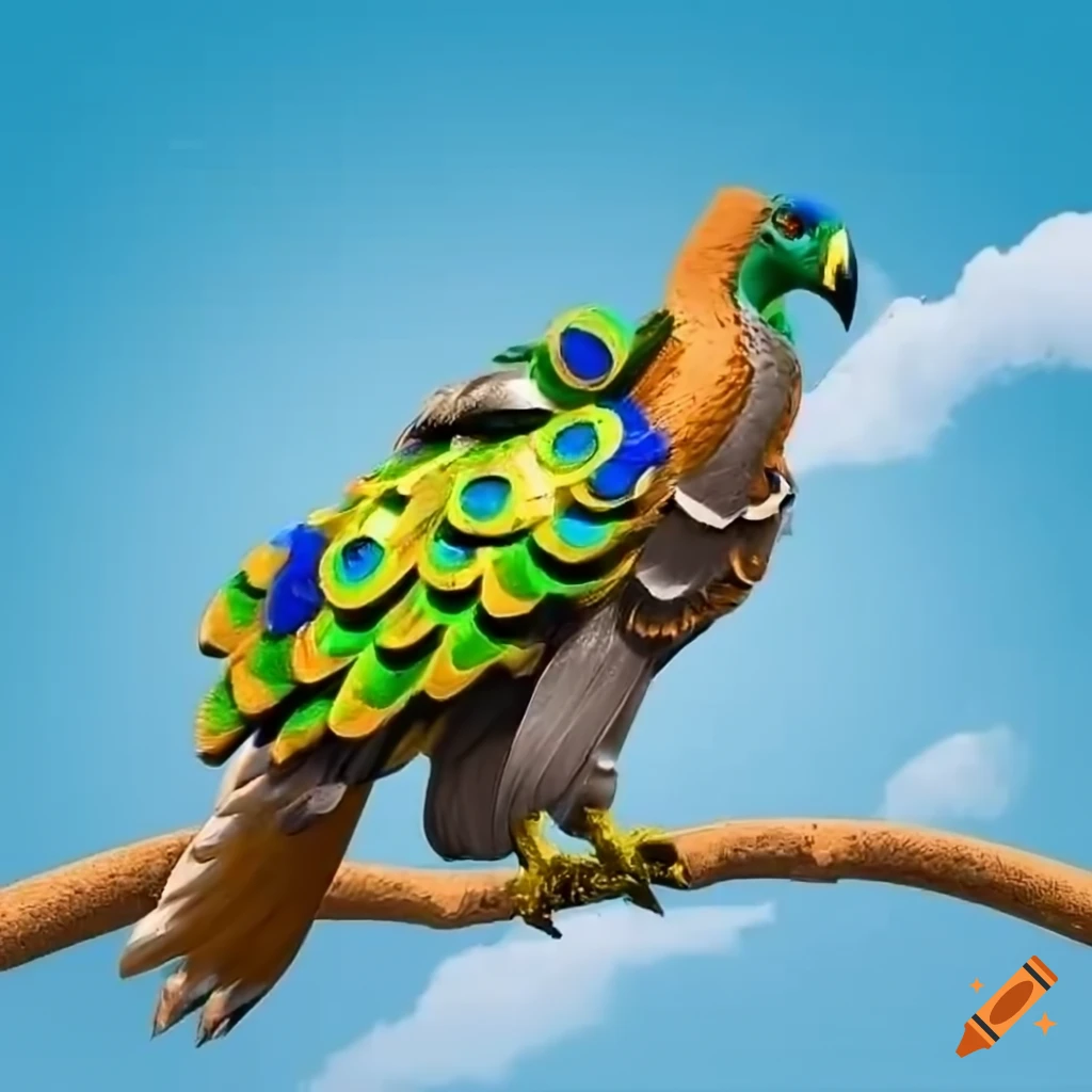 Mechanical hybrid creature with hawk, peacock and condor features