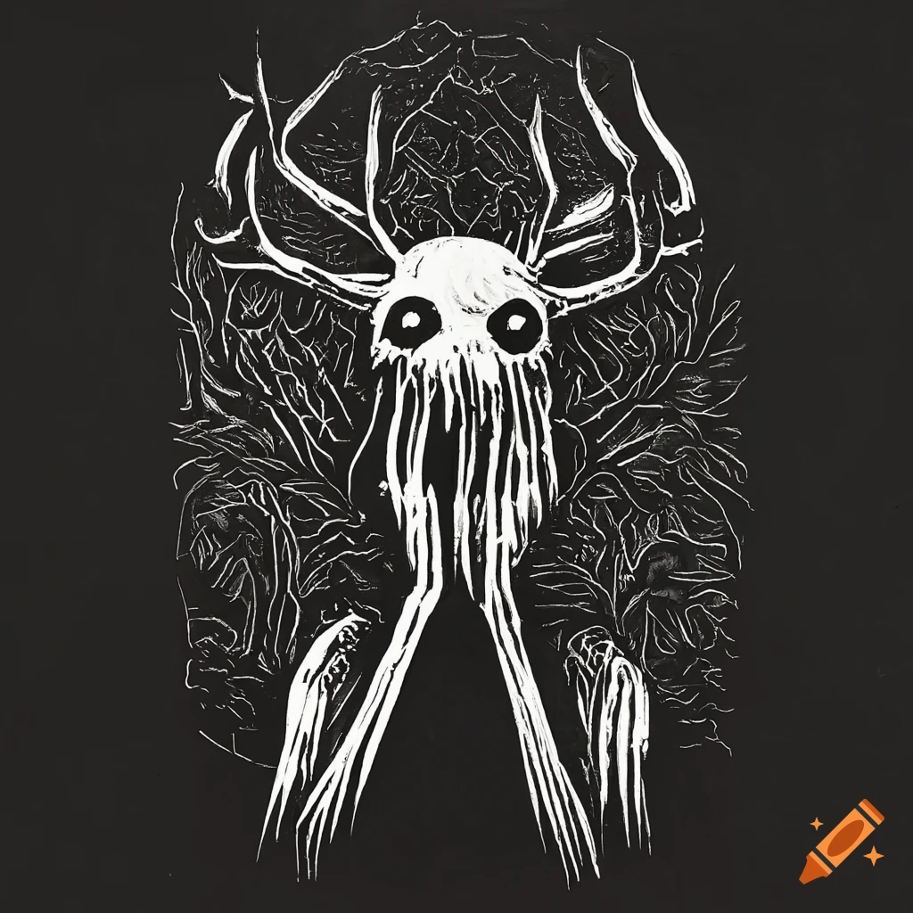 Black and white linocut print of a wendigo on Craiyon