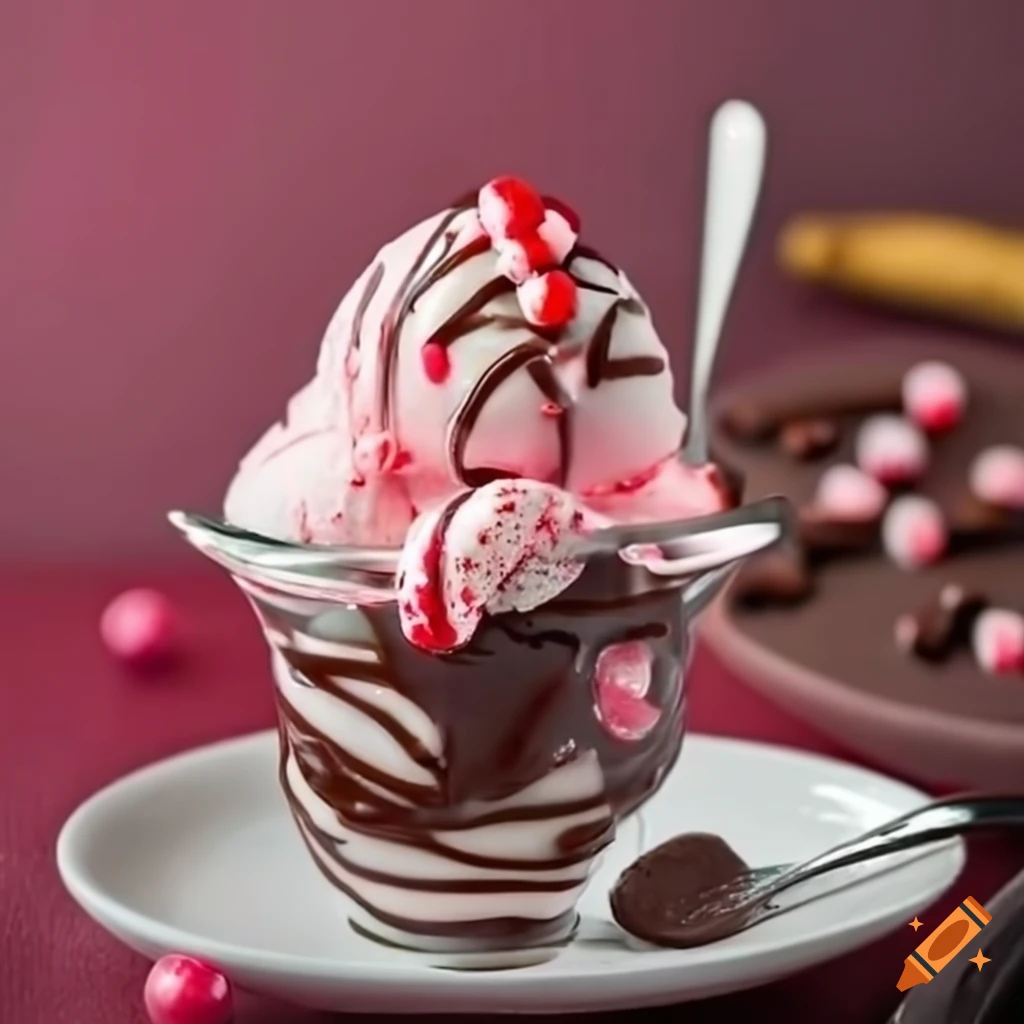 Festive holiday dessert with chocolate dipped banana sundae and ...