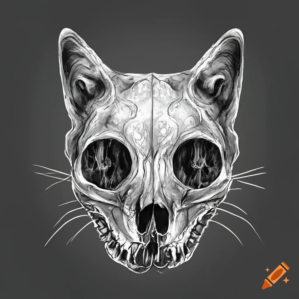 Black and white sketch of an abstract cat skull on Craiyon