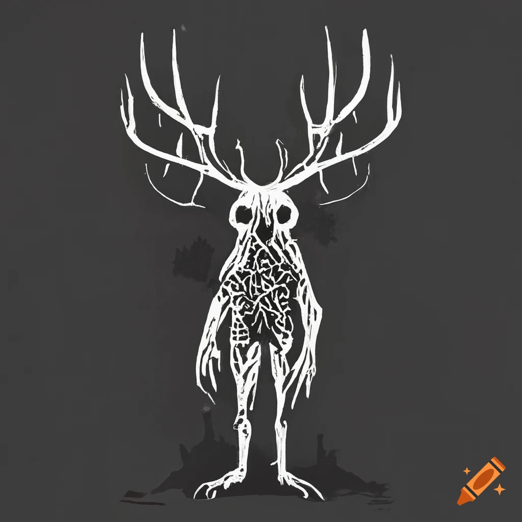 Black and white linocut print of a wendigo