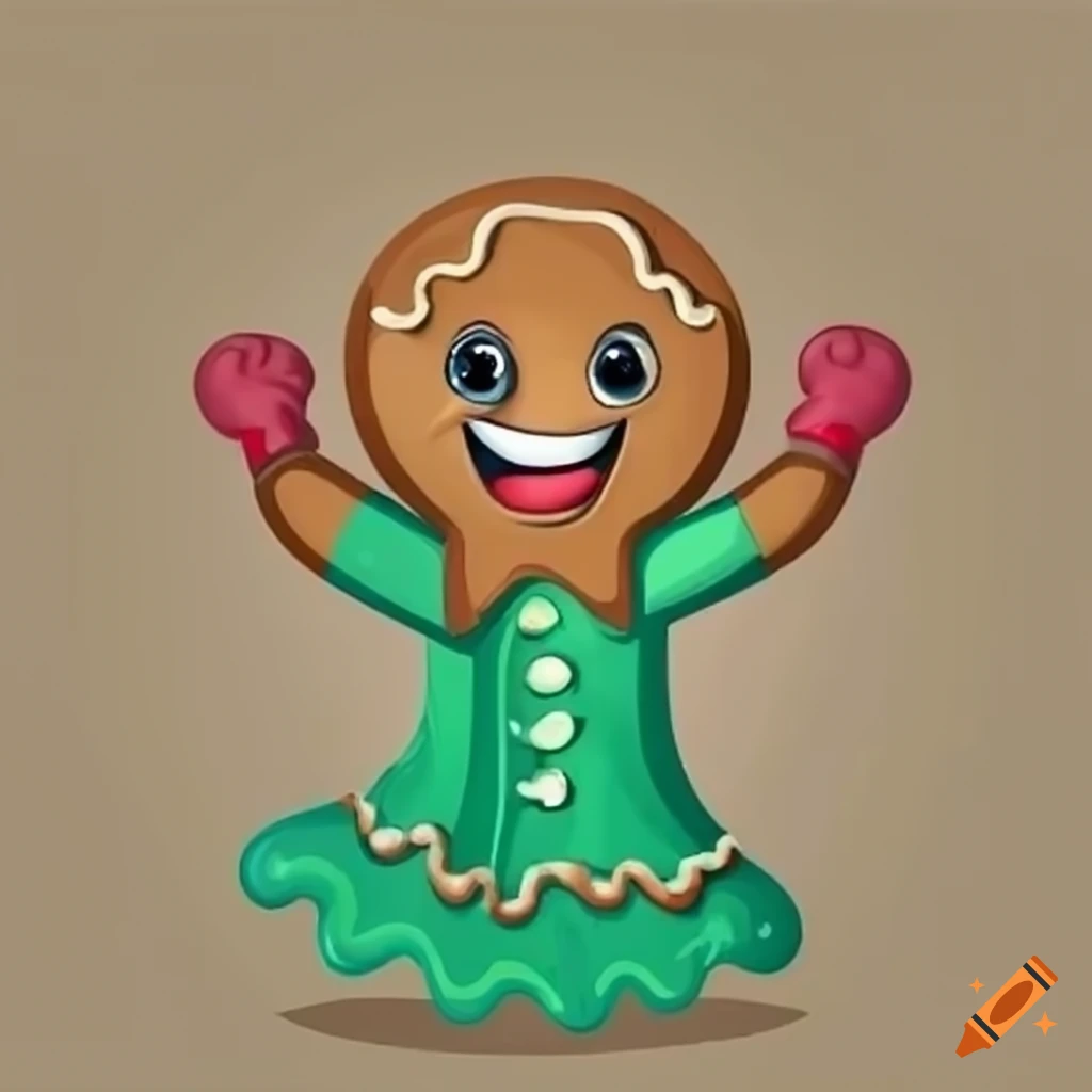 Cartoon gingerbread character in a stylish green dress on Craiyon