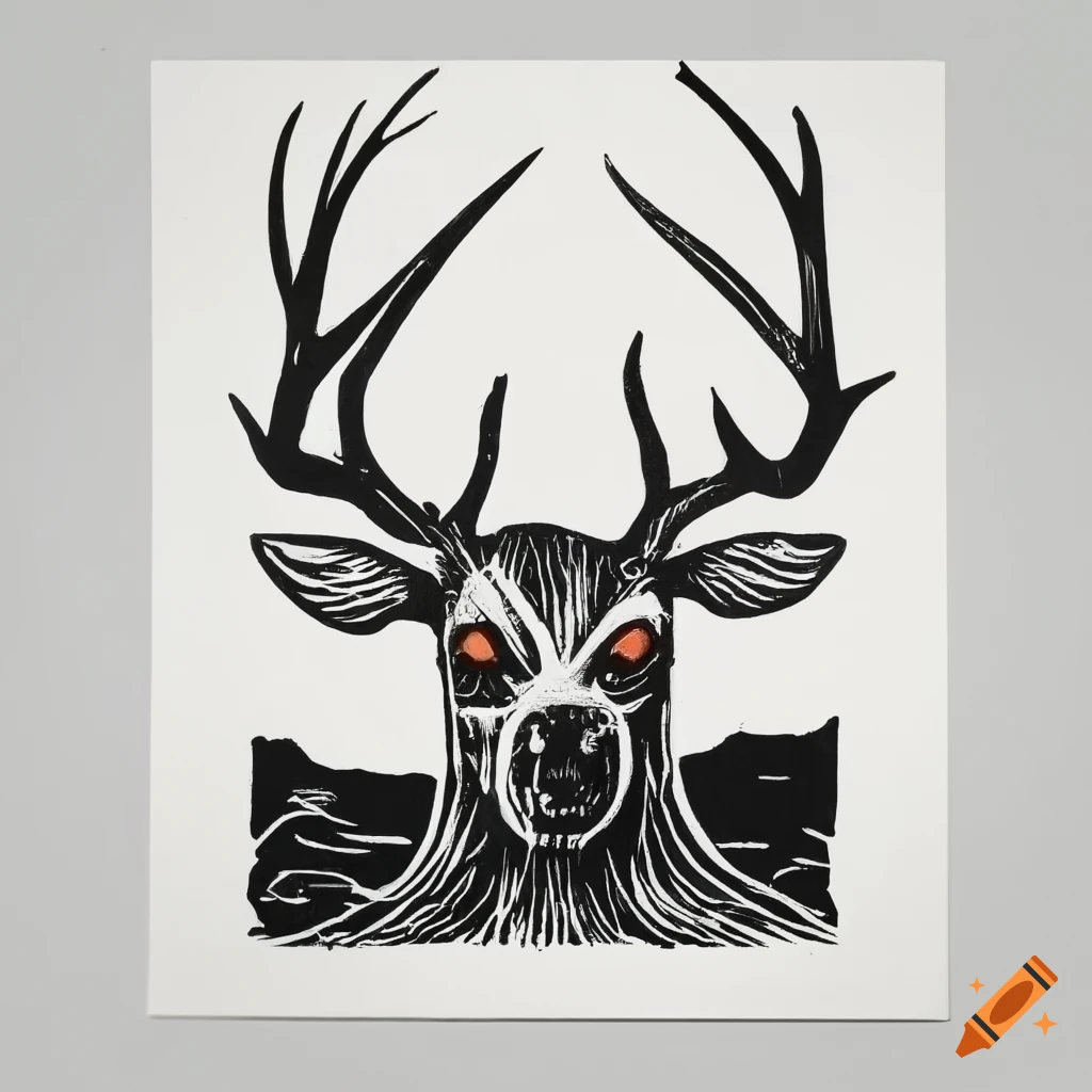 Black and white linocut print of a wendigo