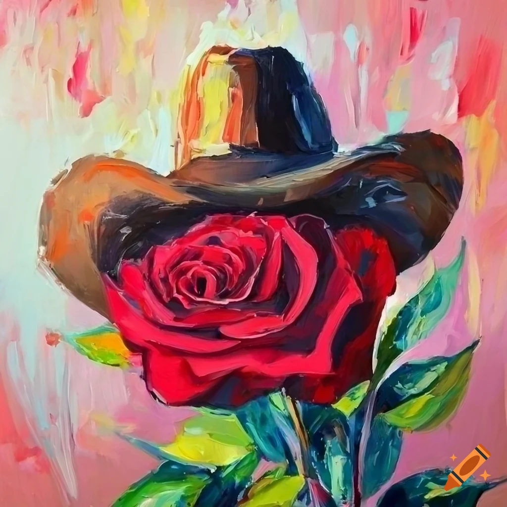 Palette knife painting of red roses with a cowboy hat