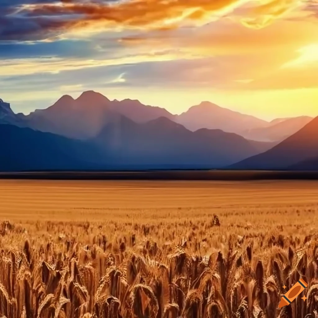 Scenic view of wheat fields with mountains in the background on Craiyon