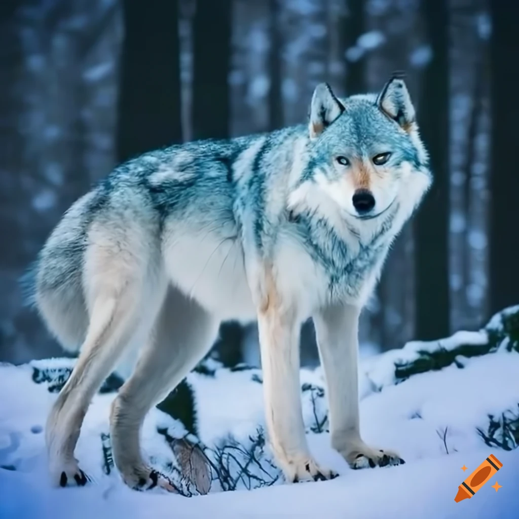 Fantasy artwork of an ice wolf in a snowy forest on Craiyon