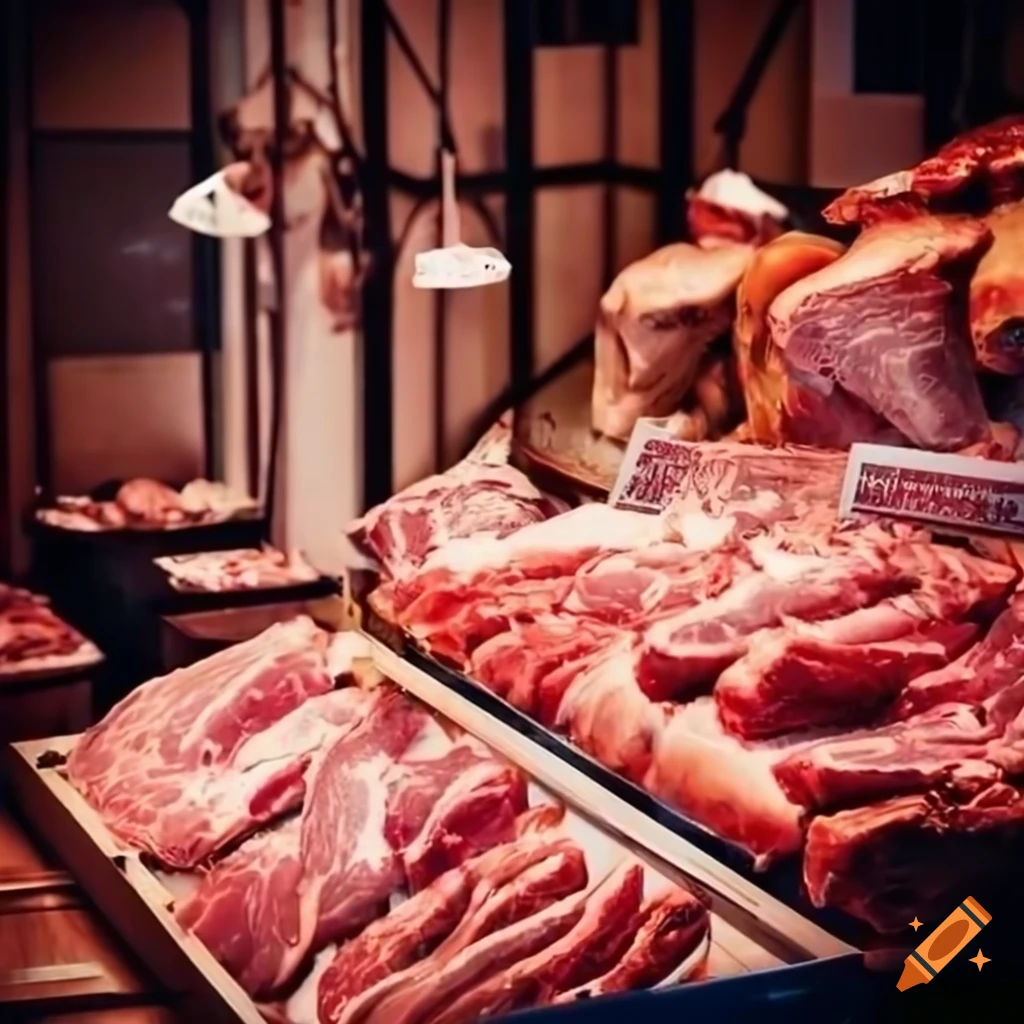 Display of fresh meat at a market stall on Craiyon
