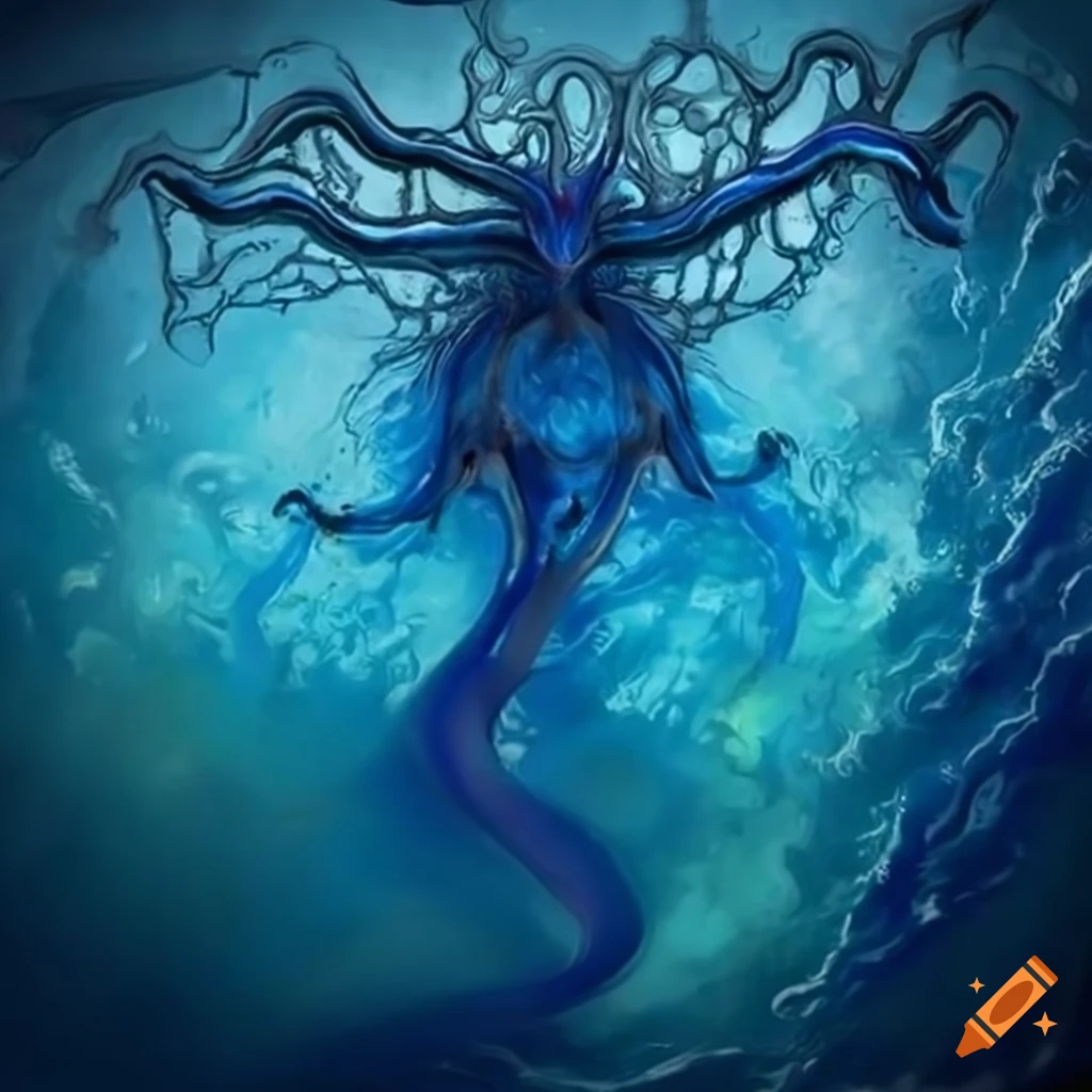 Abstract depiction of a blue mythical creature near the ocean on Craiyon