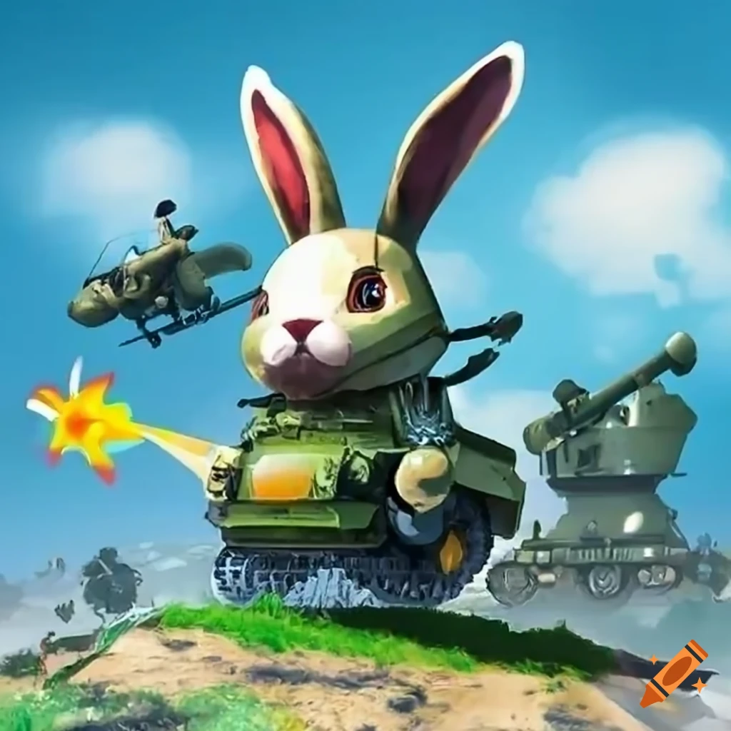 Illustration of a rabbit riding a tank in a battle on Craiyon