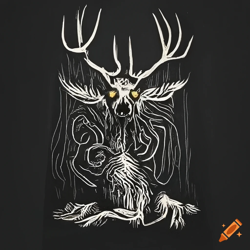 Black and white linocut print of a wendigo on Craiyon