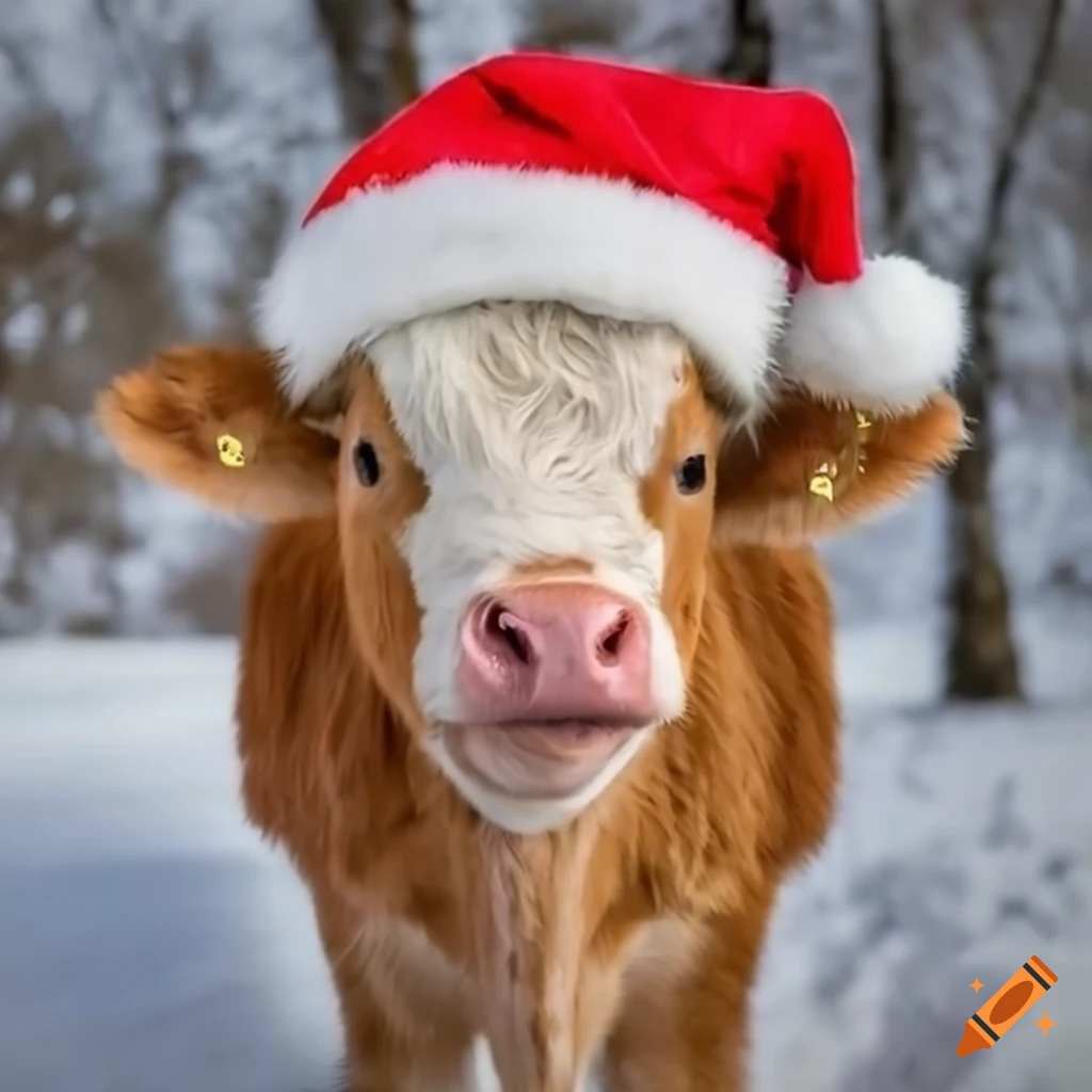 Fluffy cow calf wearing santa hat on Craiyon