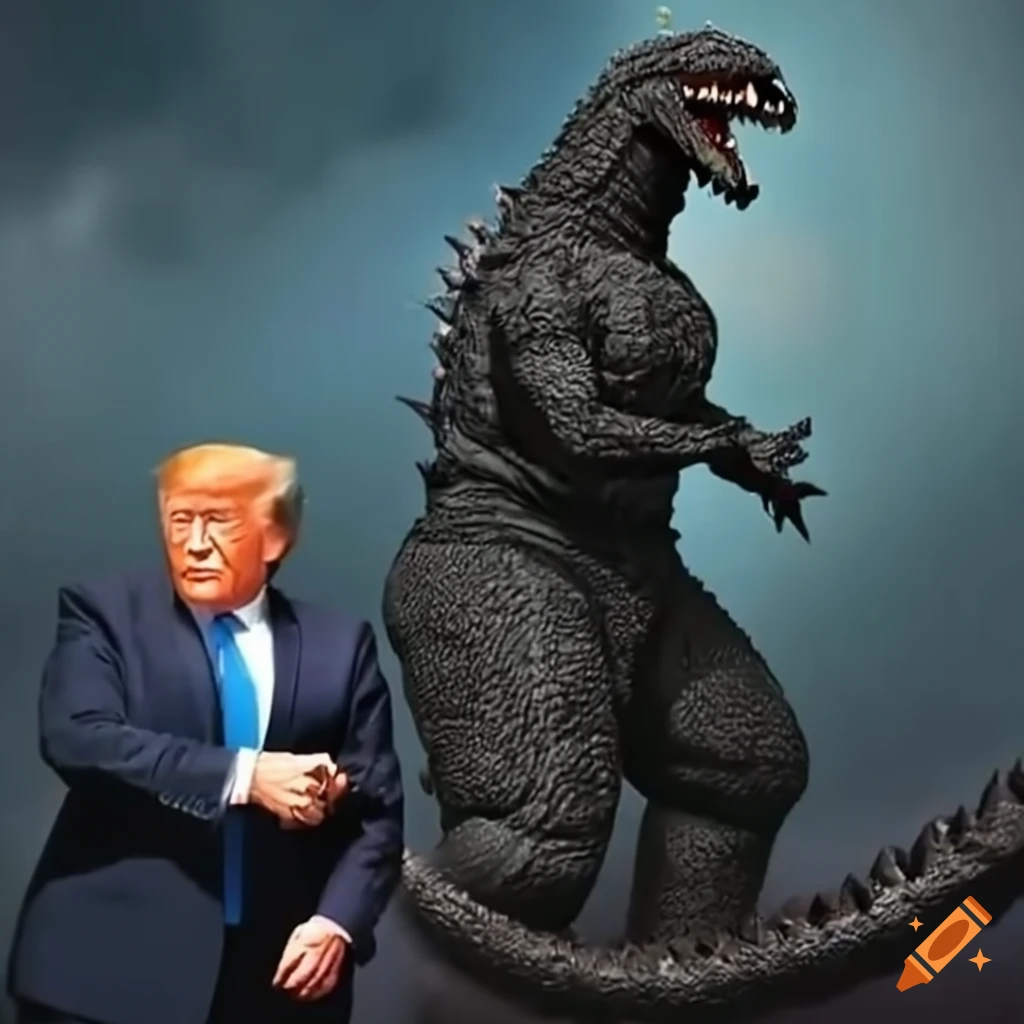 Donald Trump shaking hands with Godzilla on Craiyon