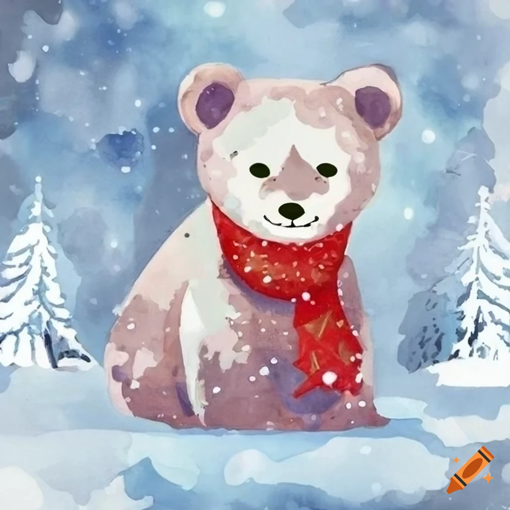 Watercolor christmas card with a cute polar bear in snowy forest on Craiyon