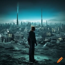 Apocalyptic scene of a man overlooking a destroyed city on Craiyon