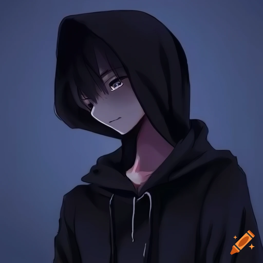 Anime boy with a black hoodie and enigmatic smile on Craiyon