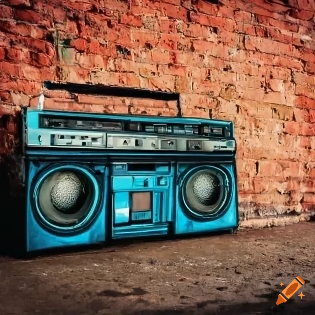 Vintage boombox with tape next to graffiti on brick wall on Craiyon