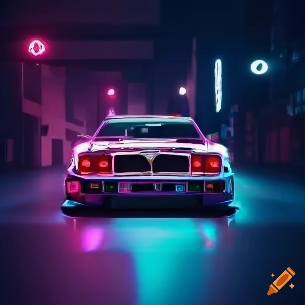 Cyberpunk vintage car with neon lights on Craiyon