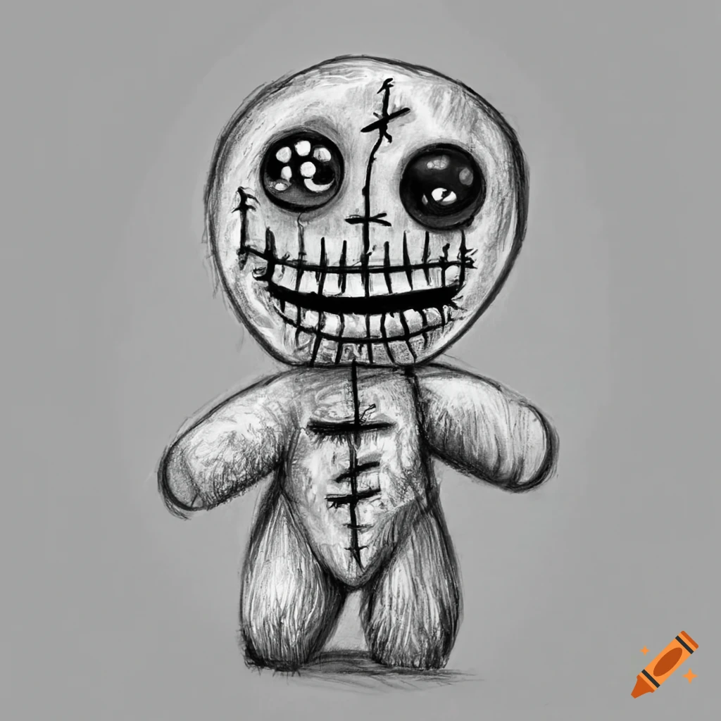Black and white pencil drawing of a cute smiling voodoo doll on Craiyon