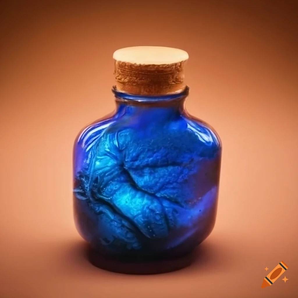 Clear glass bottle of blue potion from Harry Potter on Craiyon