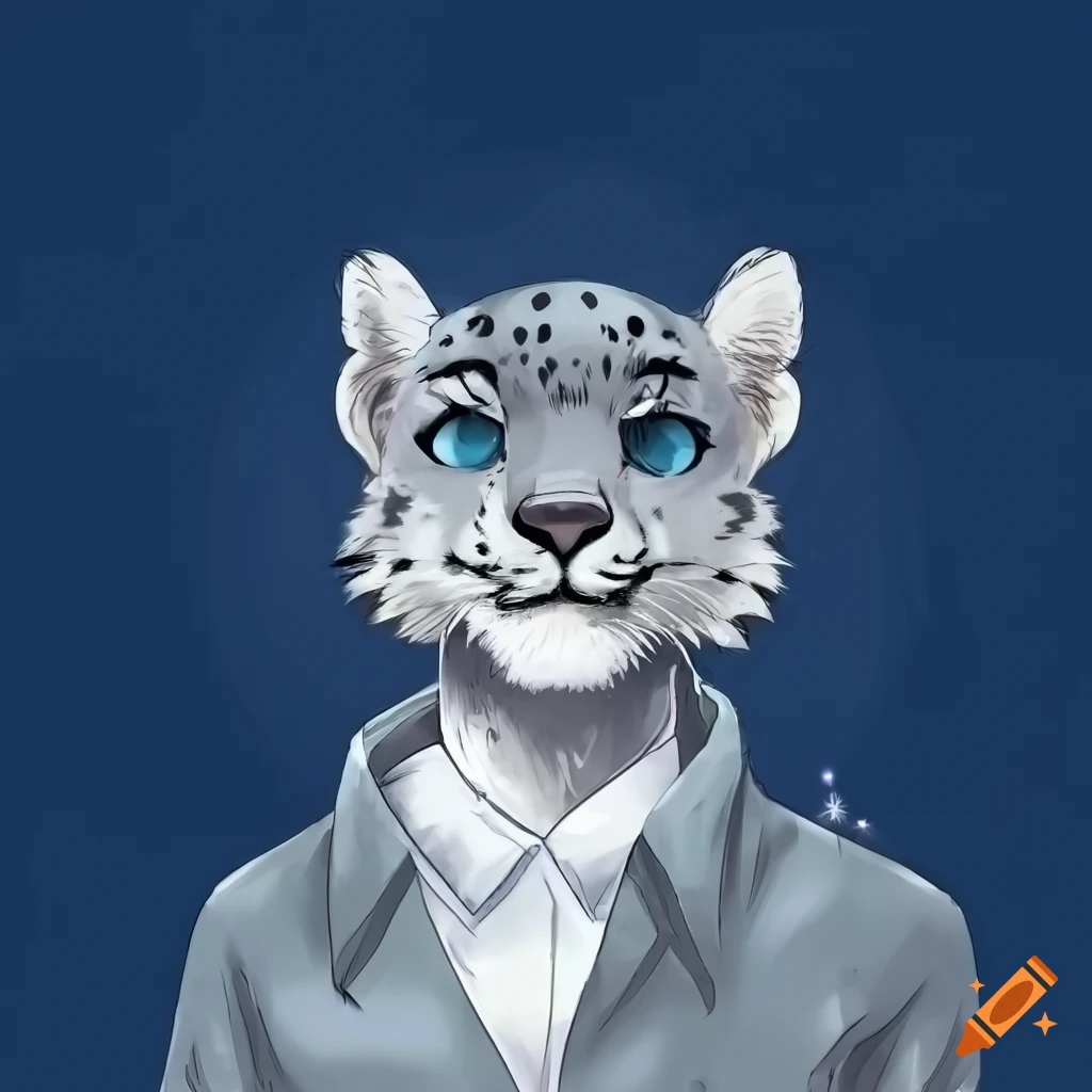 Detailed anime-style portrait of a snow leopard with blue eyes on Craiyon