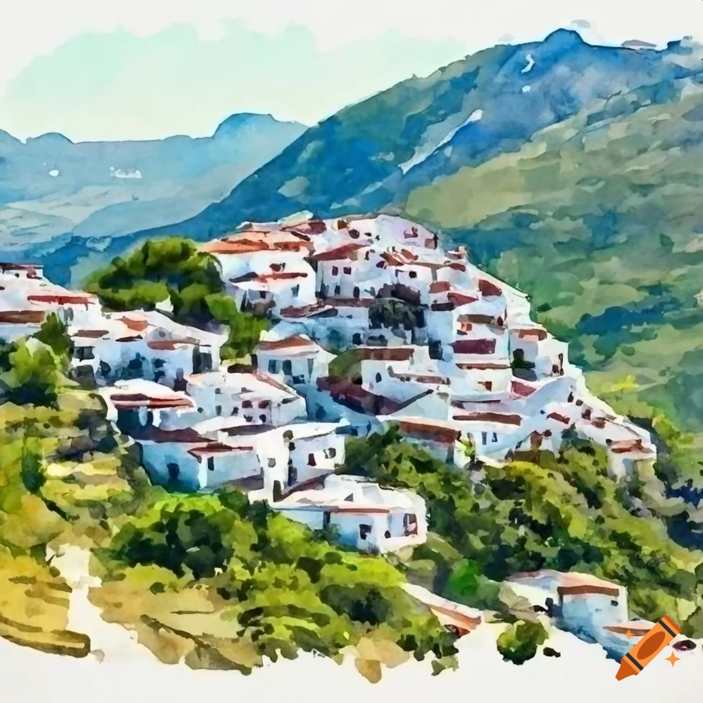 Watercolor of a spanish hillside village