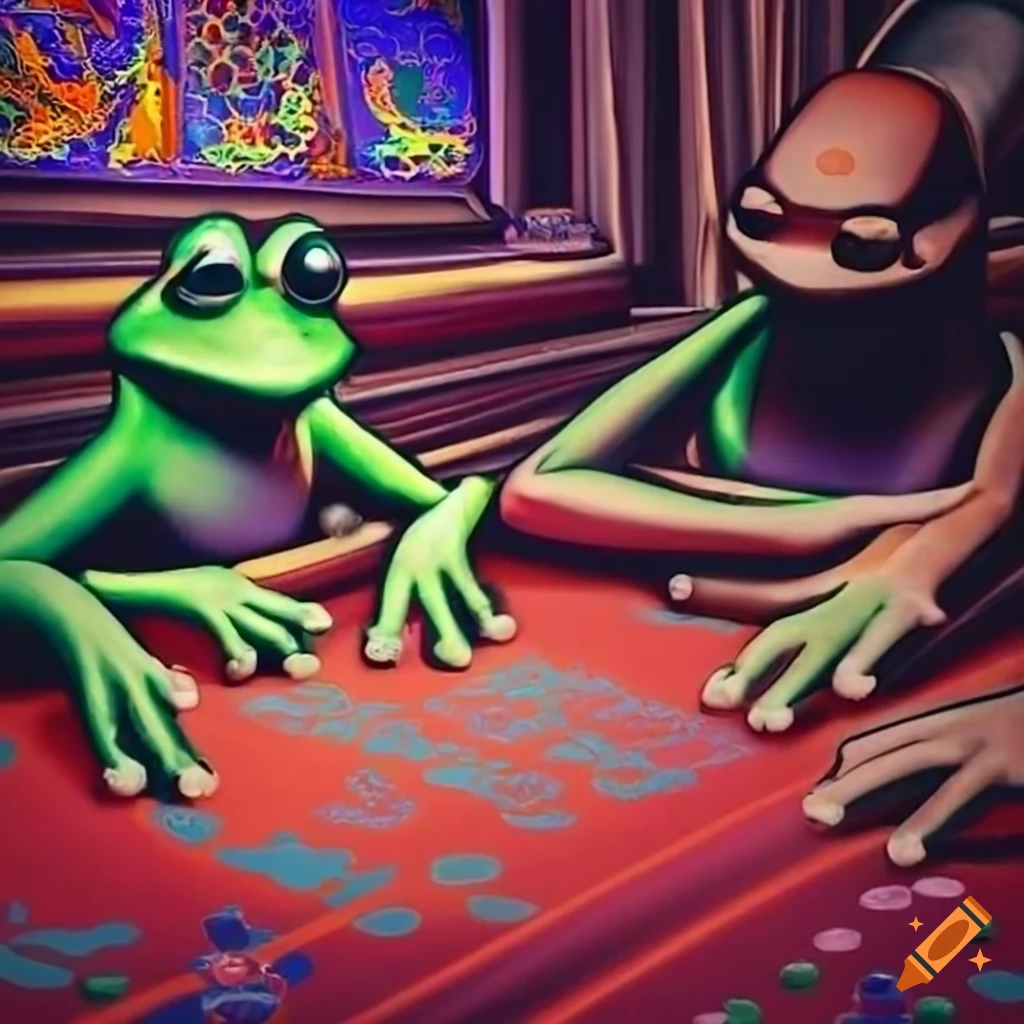 Psychedelic artwork of frogs playing poker on Craiyon