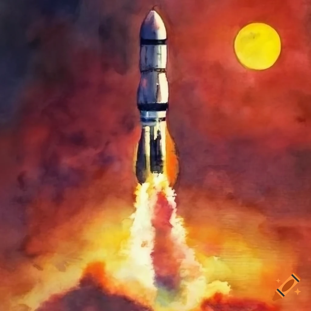 Realistic watercolor of rocket launch at golden hour on Craiyon