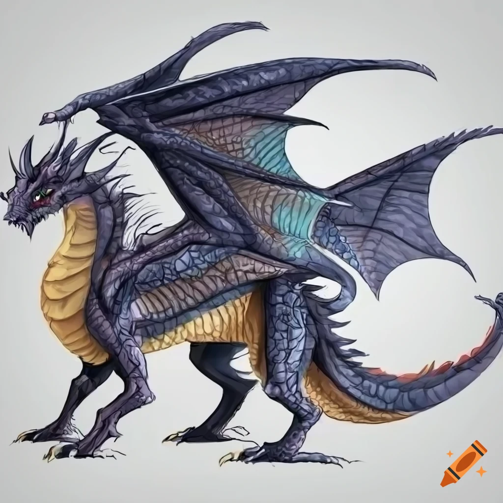 Detailed side view illustration of a dragon with wings on Craiyon