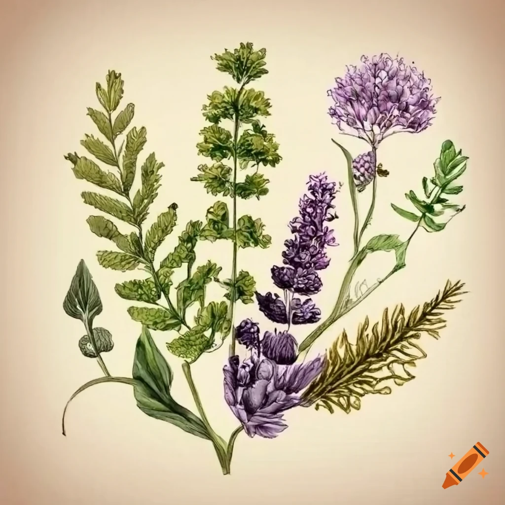 Arrangement of botanical medicinal herbs drawing on Craiyon