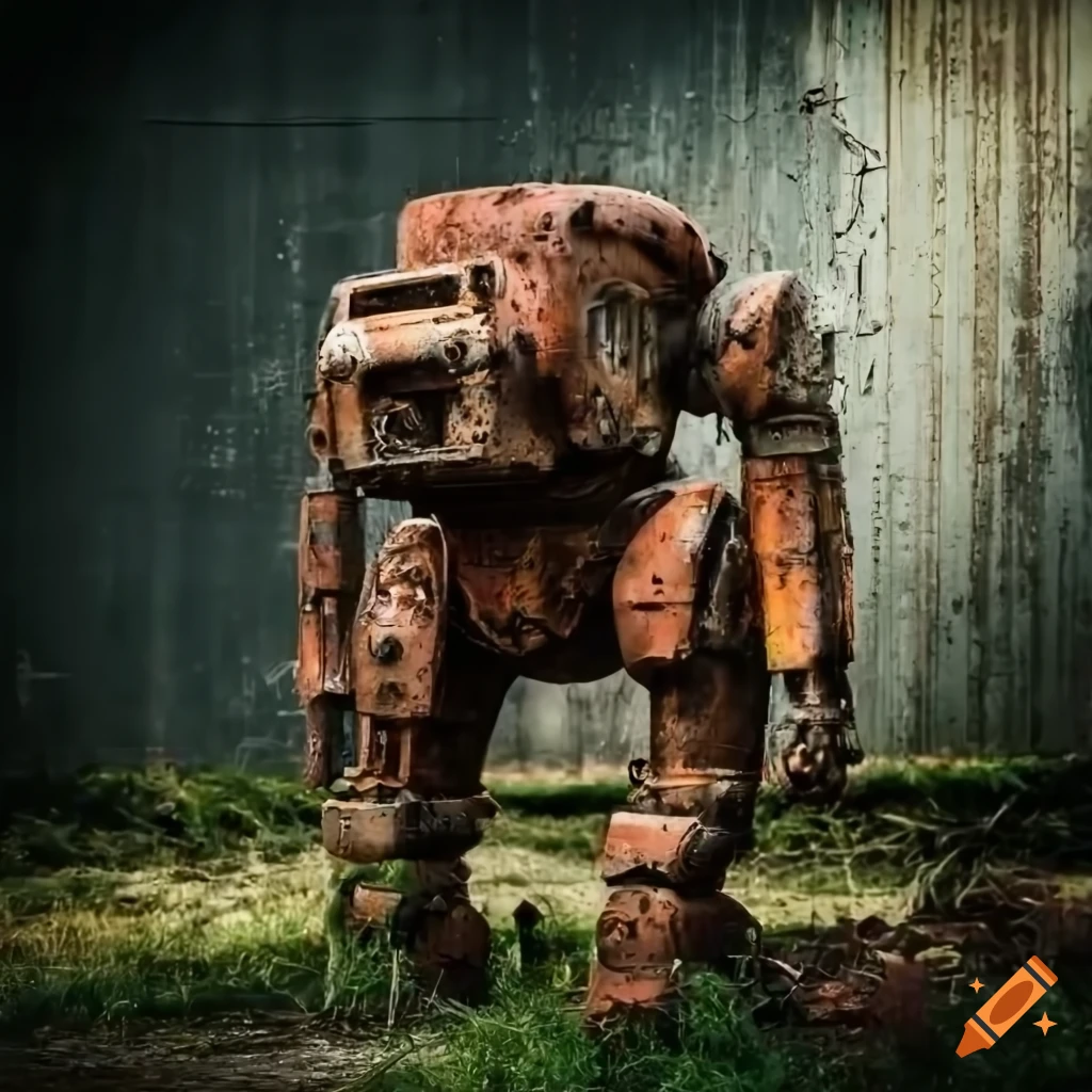 Photo of a rusted military mech suit in an abandoned industrial ruin on ...