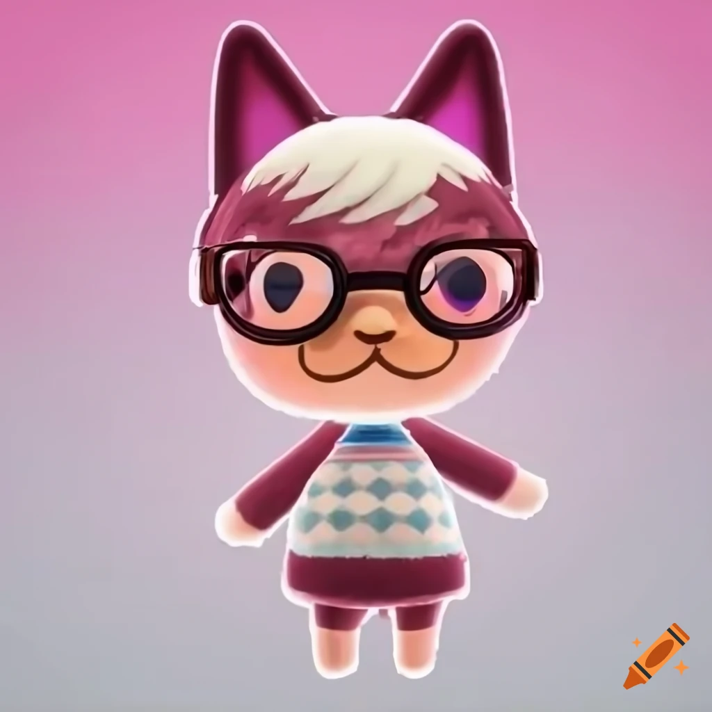 Cat character with white fur and pink maroon colors wearing glasses