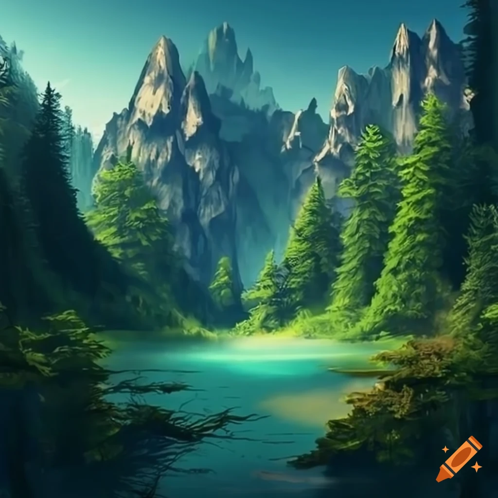 Fantasy forest mountain view on Craiyon