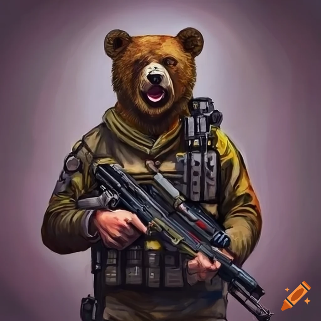 Painting of a bear in tactical gear on Craiyon