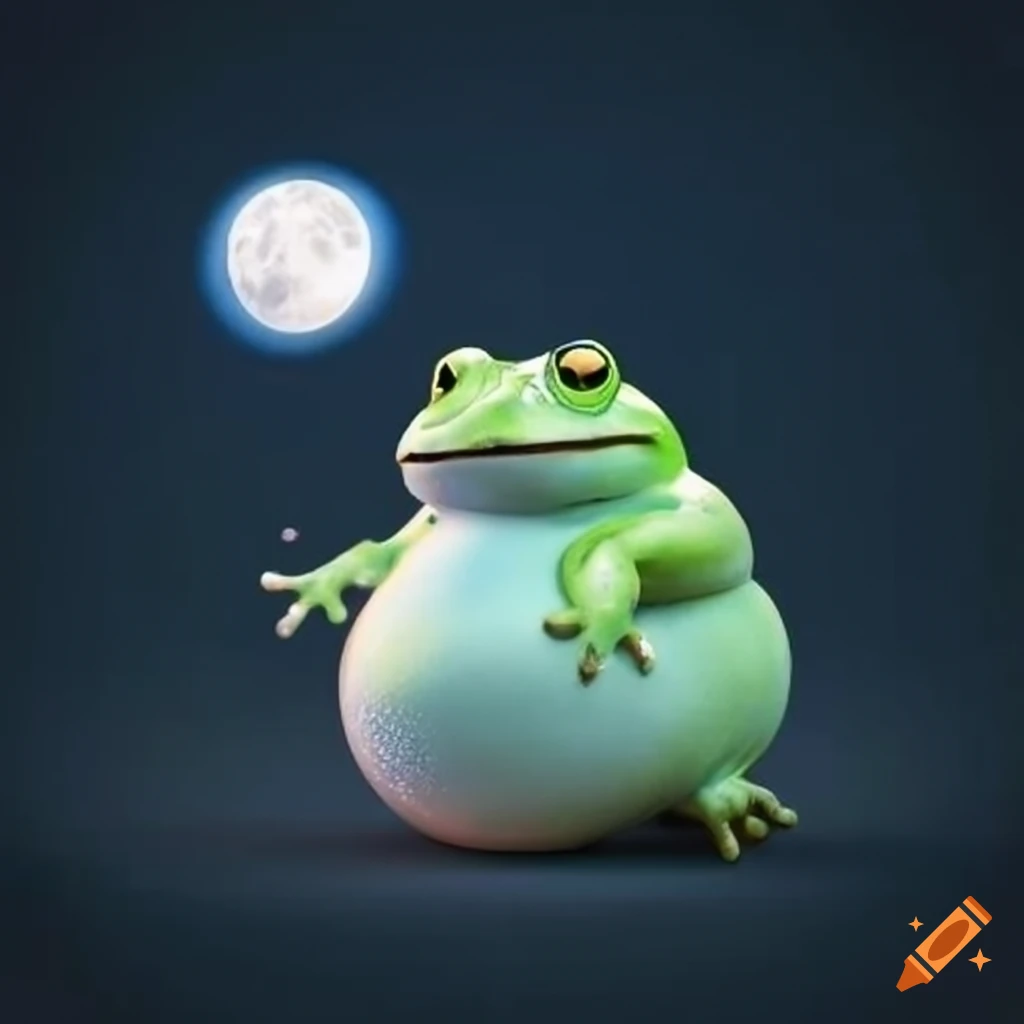 Whimsical illustration of a fat frog holding the moon on Craiyon