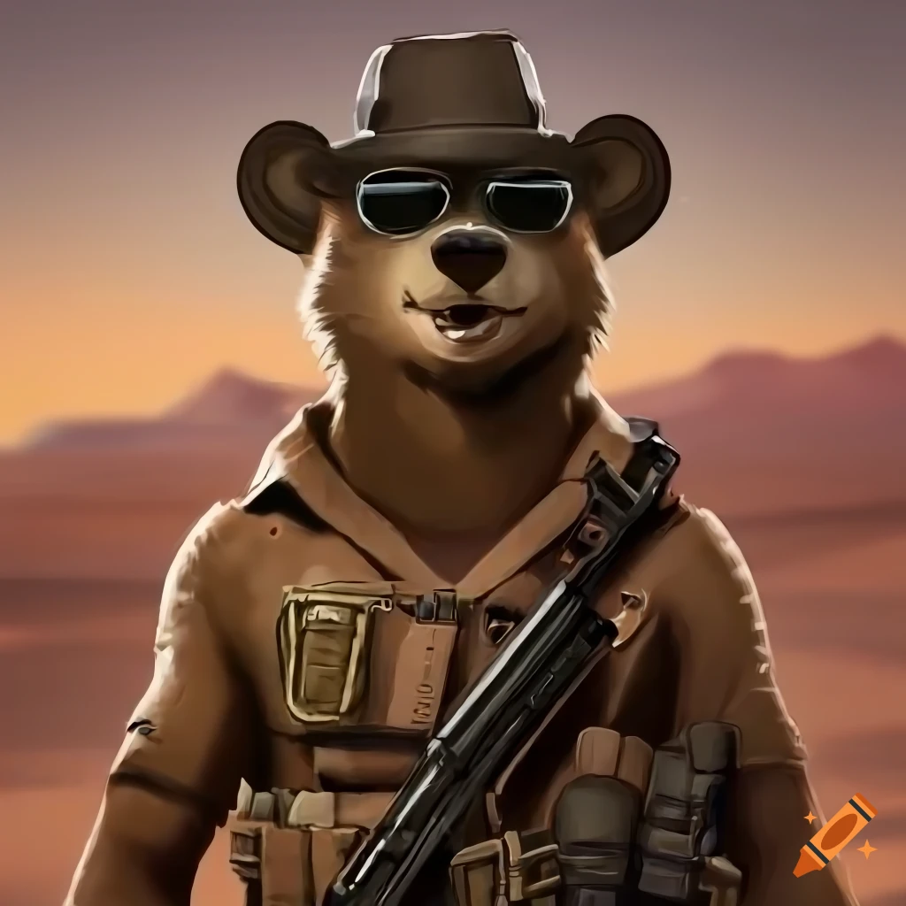 Anthropomorphic bear wearing tactical gear and holding a revolver in the desert on Craiyon