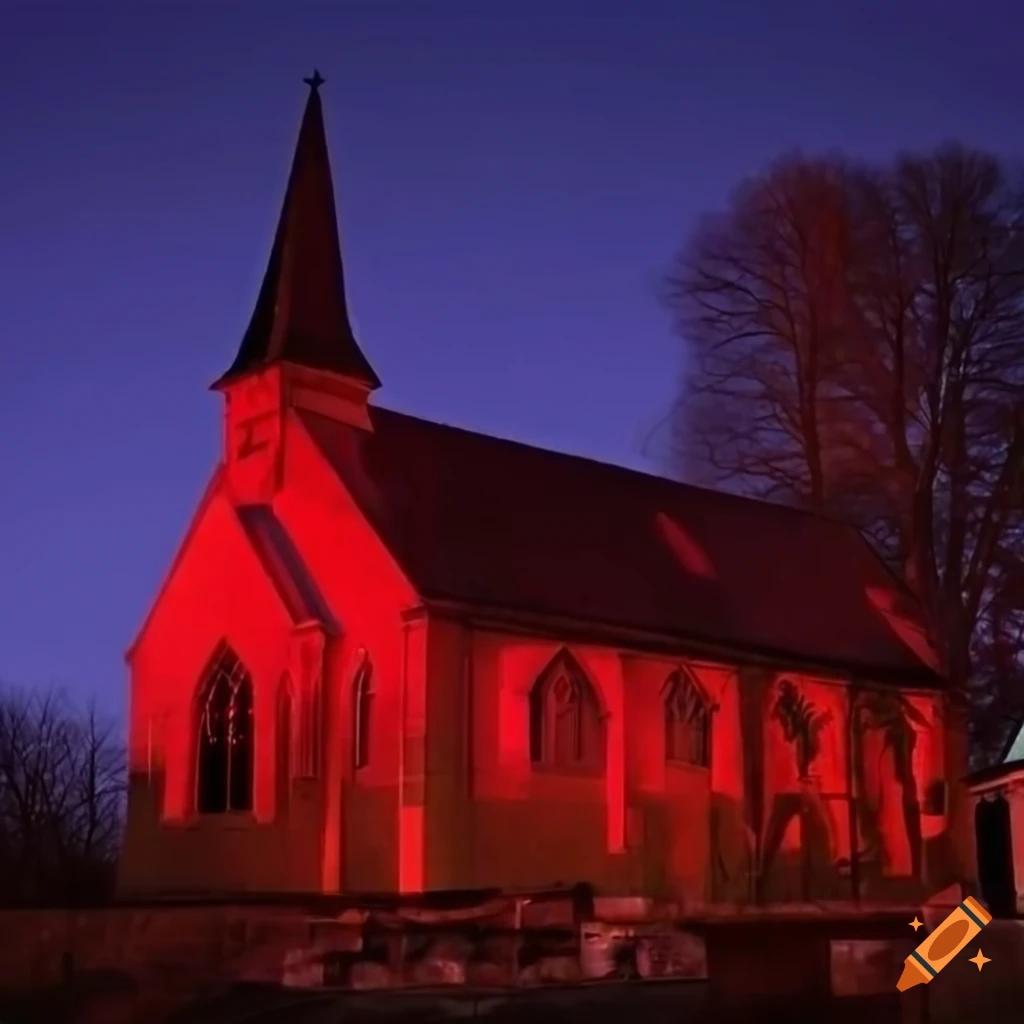 Haunted church with red light shining through stained glass windows on ...