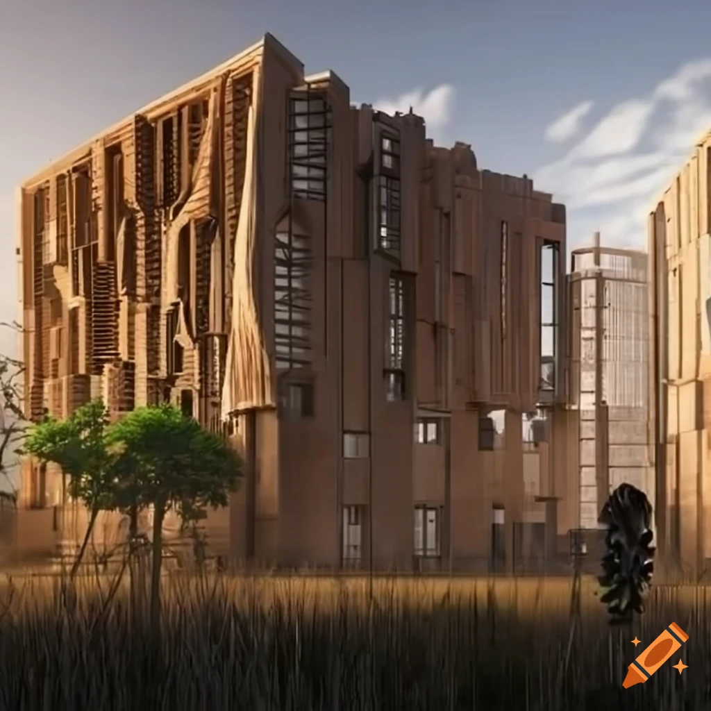 3D rendering of a biogenic building with mass timber and plants on Craiyon