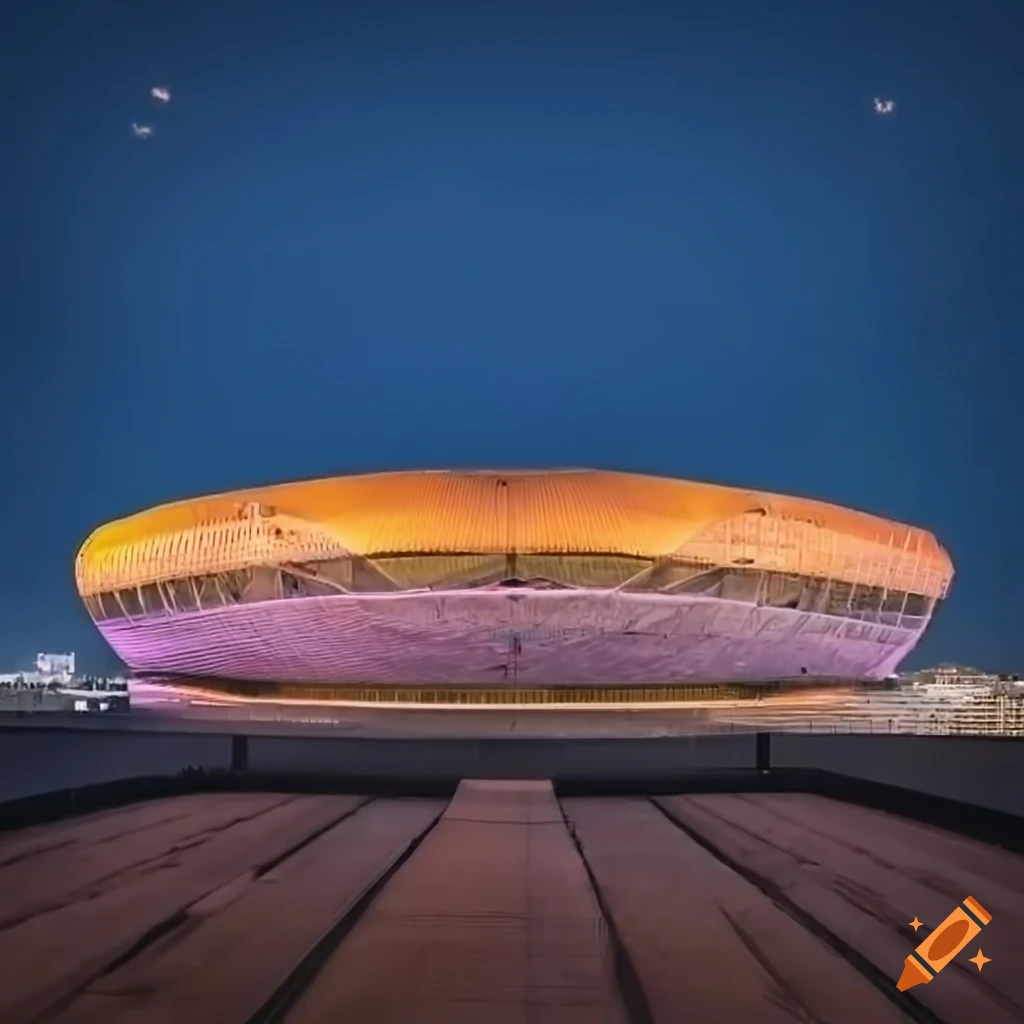 Picture of a shell-shaped stadium with a city skyline view