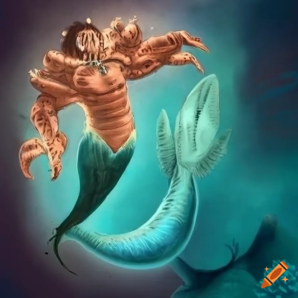 Etching of a detailed isopod merman on Craiyon