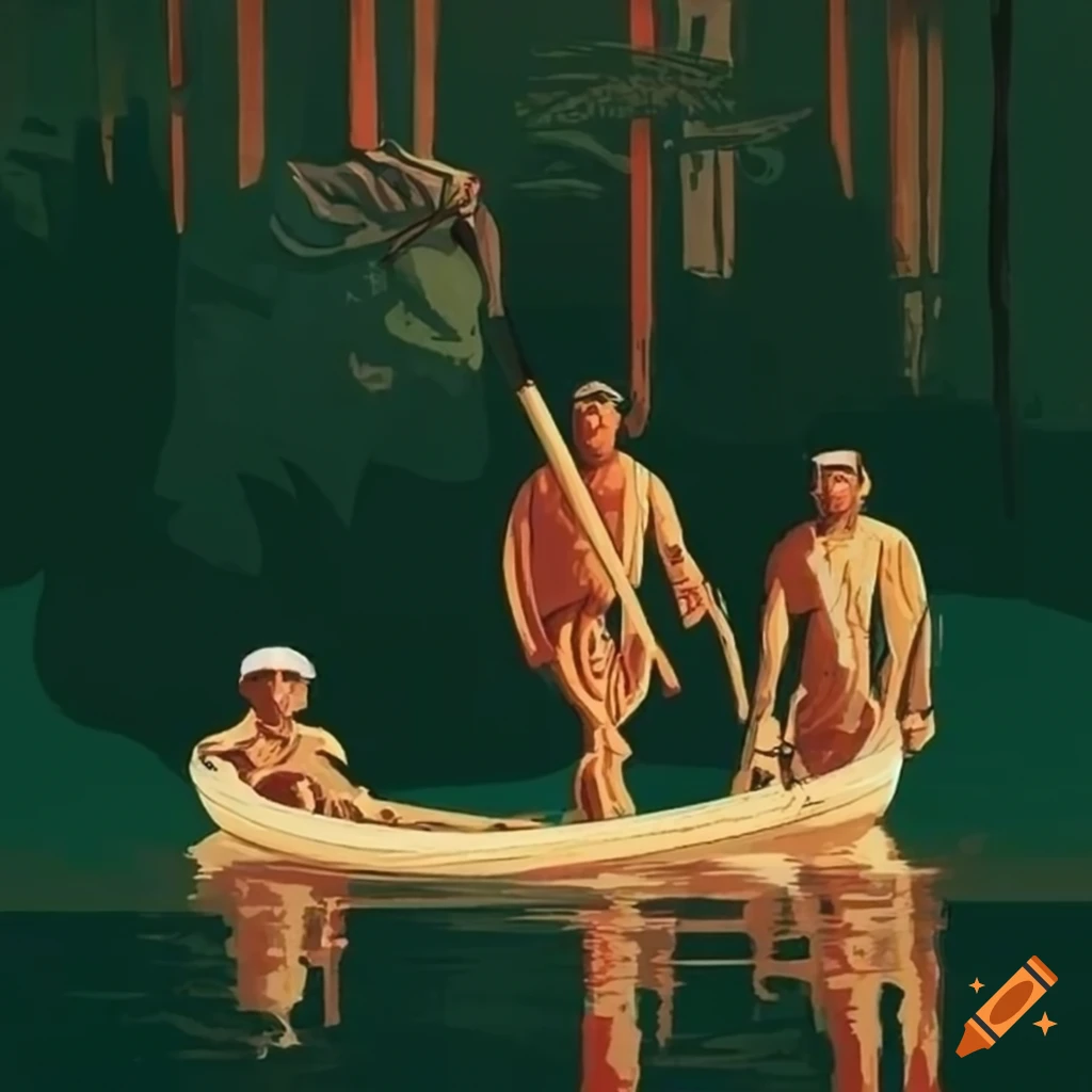 Retro artwork of maori men in a canoe on a river on Craiyon