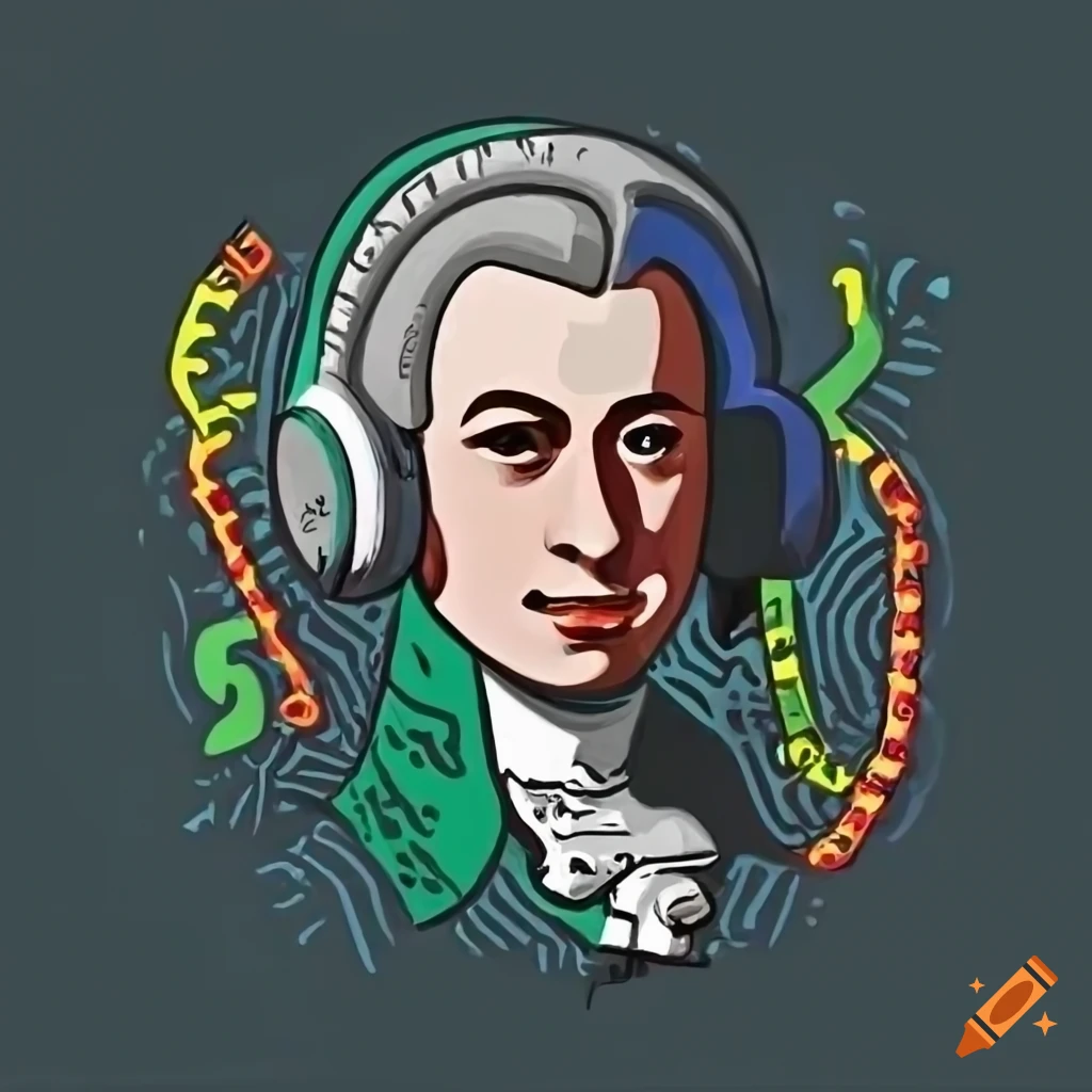 Modern portrait of mozart with headphones and a rapper chain on Craiyon