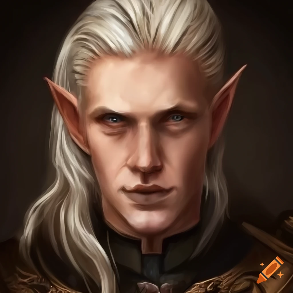 Portrait of a strong half-elf knight with blond hair and intense gray ...