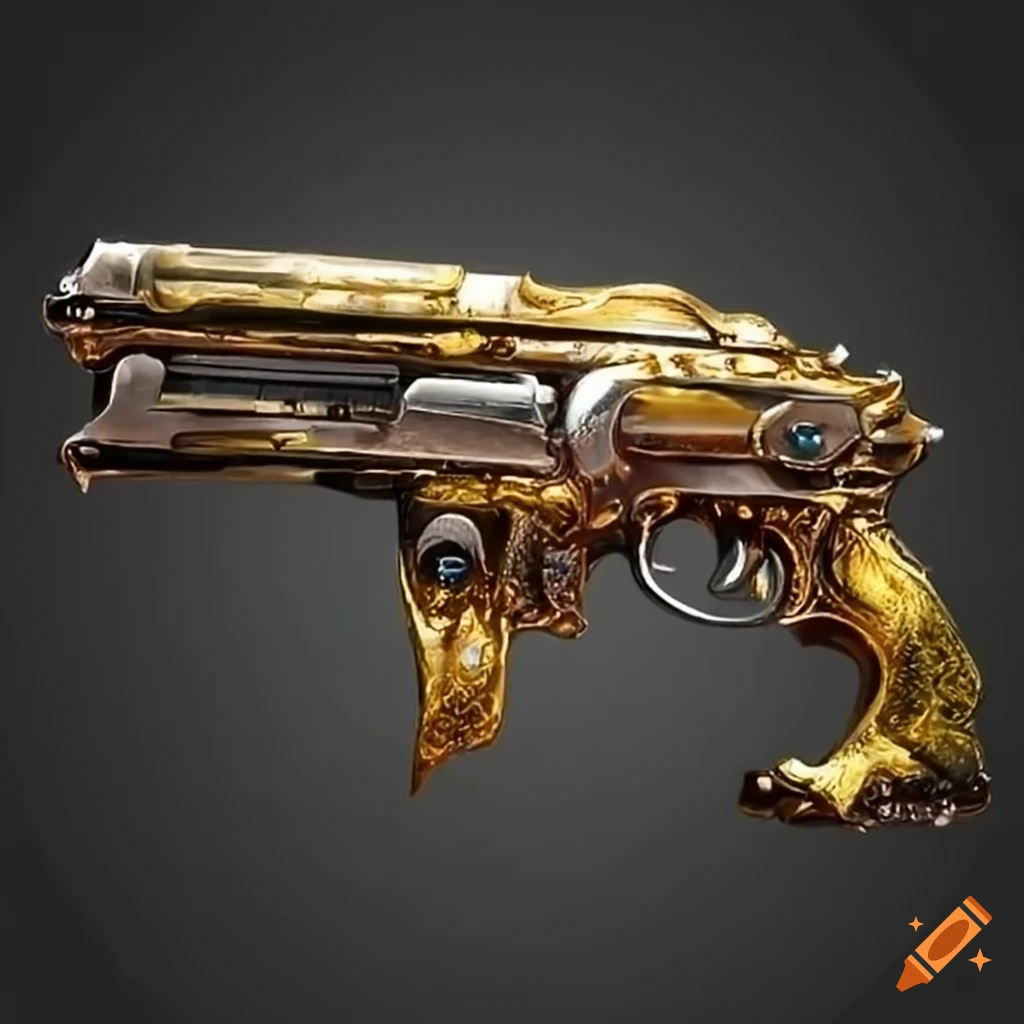 Scifi wild west inspired gun made of bone, chrome, and gold