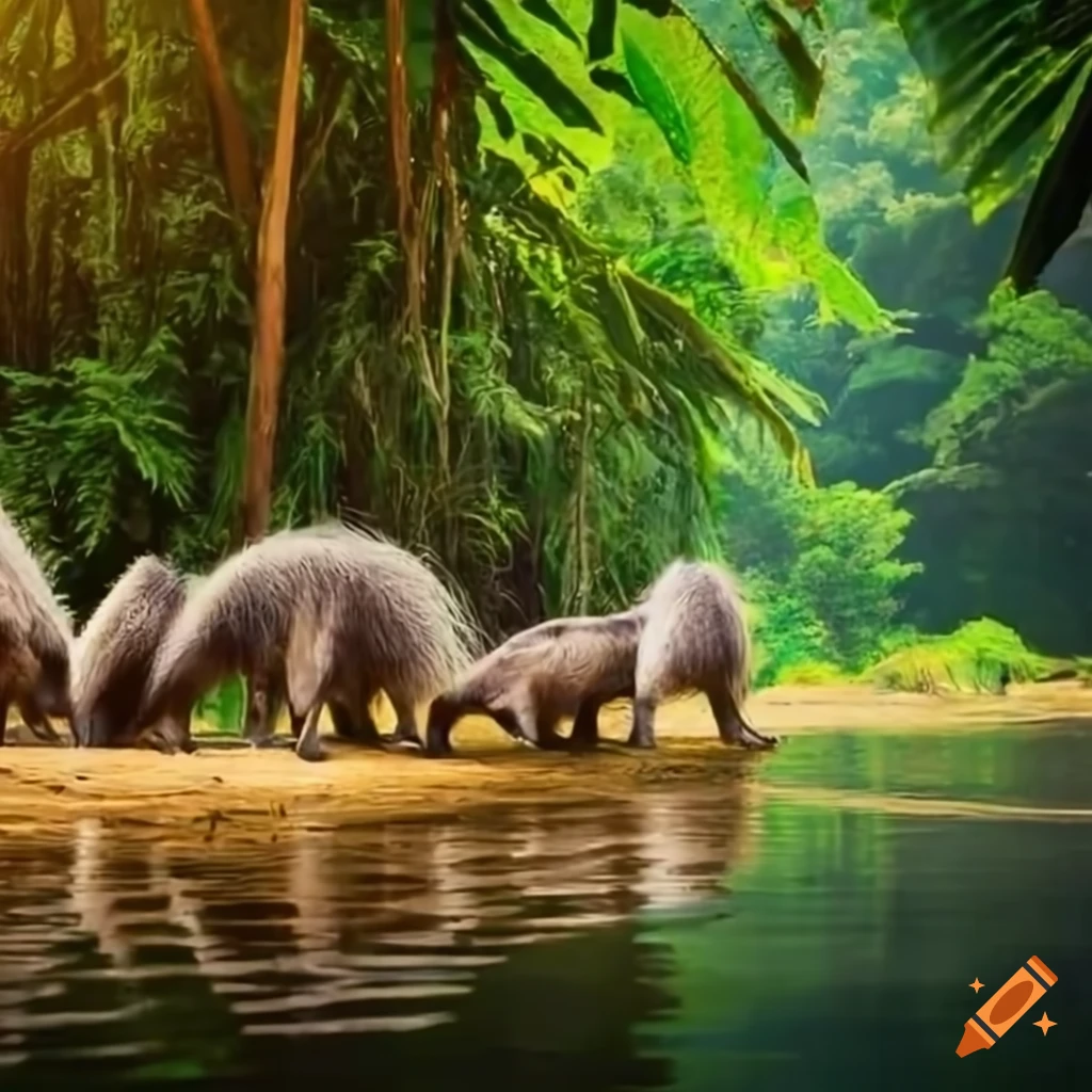 Anteaters in a tropical forest by the river on Craiyon