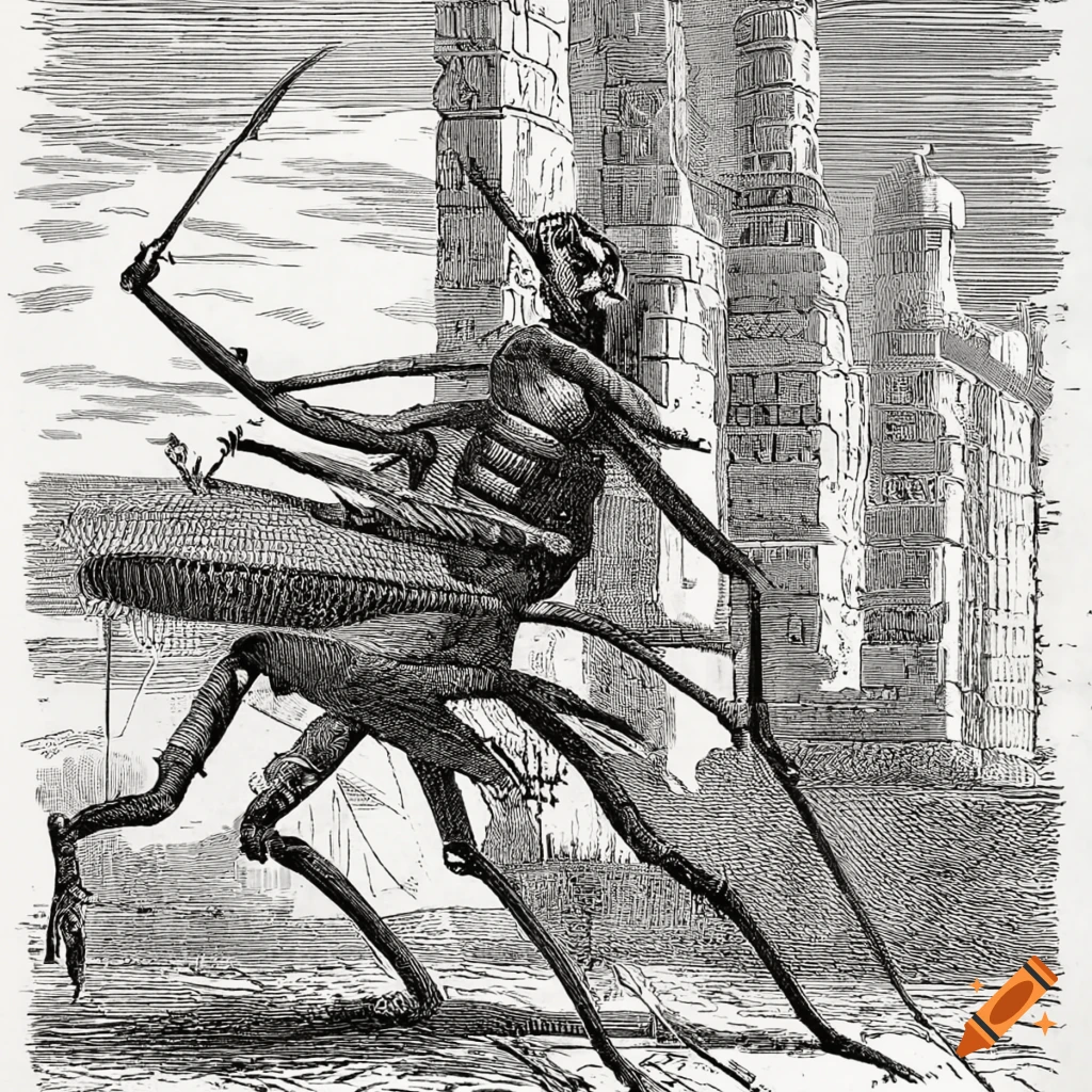 Engraving of bipedal insect creatures in Egyptian ruins on Craiyon