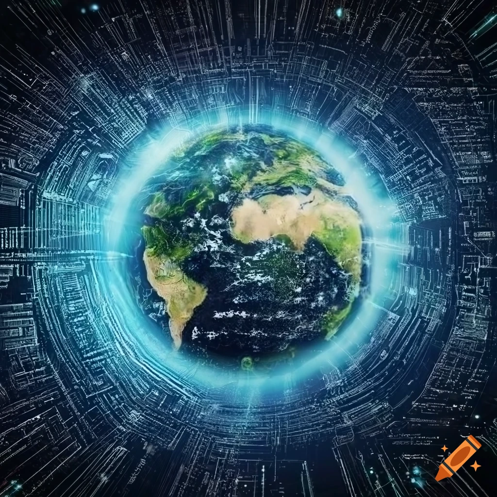 Conceptual artwork depicting technological complexity and war impact on ...