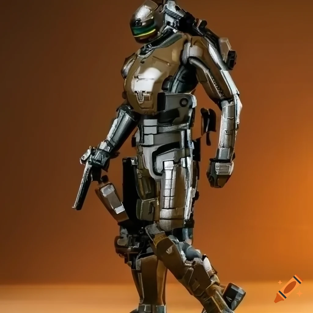 Sci-fi soldier in bronze and black armor exoskeleton fighting on a ...