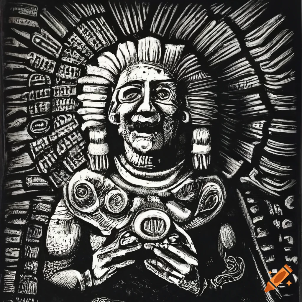 Engraving of a Mayan god holding a turtle shell on Craiyon